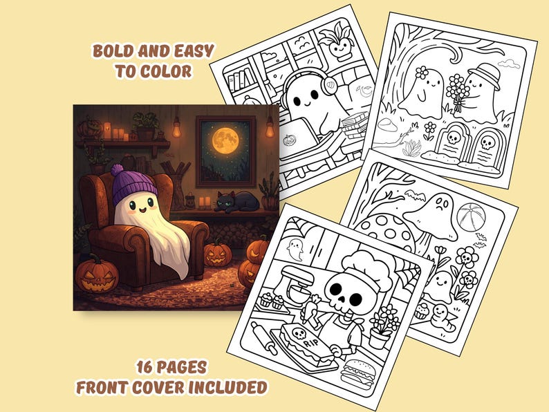 Cozy Cute Ghost Bold and Easy Coloring Pages Halloween Themed Printable ...