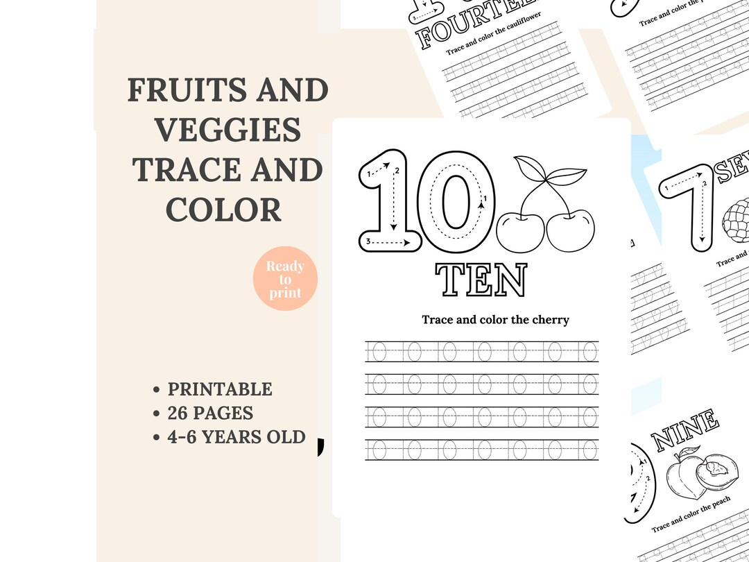 Number Tracing Worksheets 0-20 Preschool Fruits Veggies Printable ...