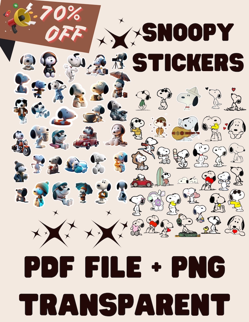 Snoopy Digital Stickers, Snoopy PNG Bundle, Digital Downloads, PNG ...