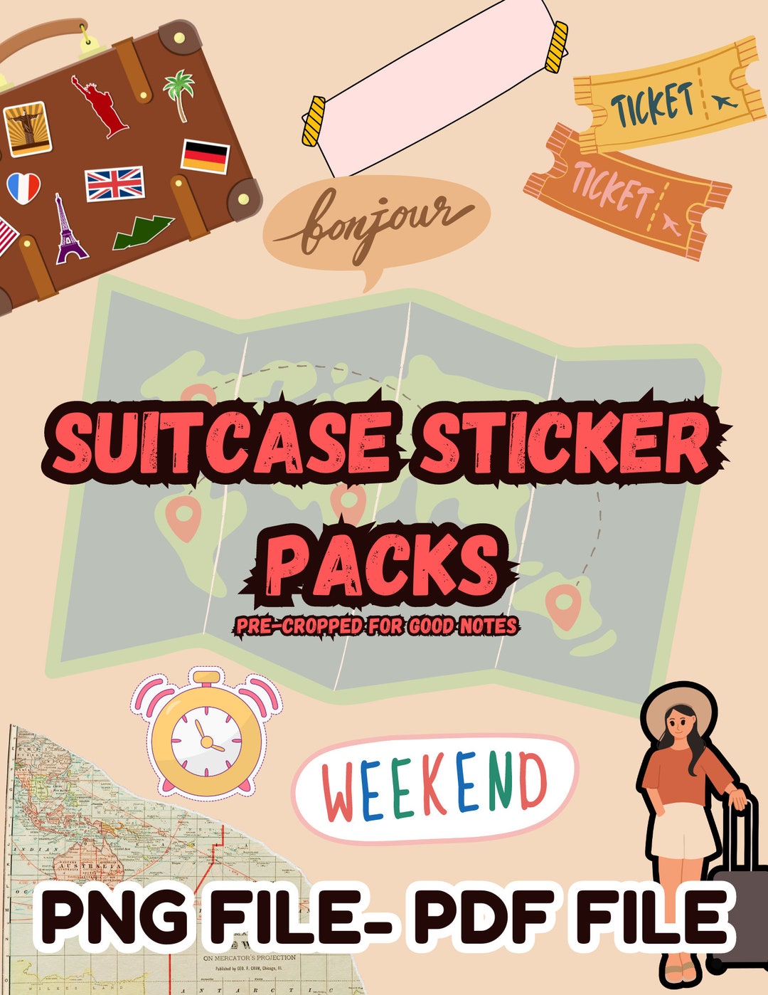 Suitcase Stickers, Digital Download, Suitcase Clipart, Travel Clip Art ...