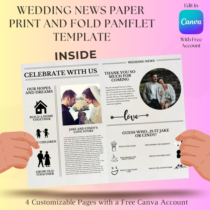 Wedding Newspaper Printable Canva Template. Easy to Use Wedding Handout ...
