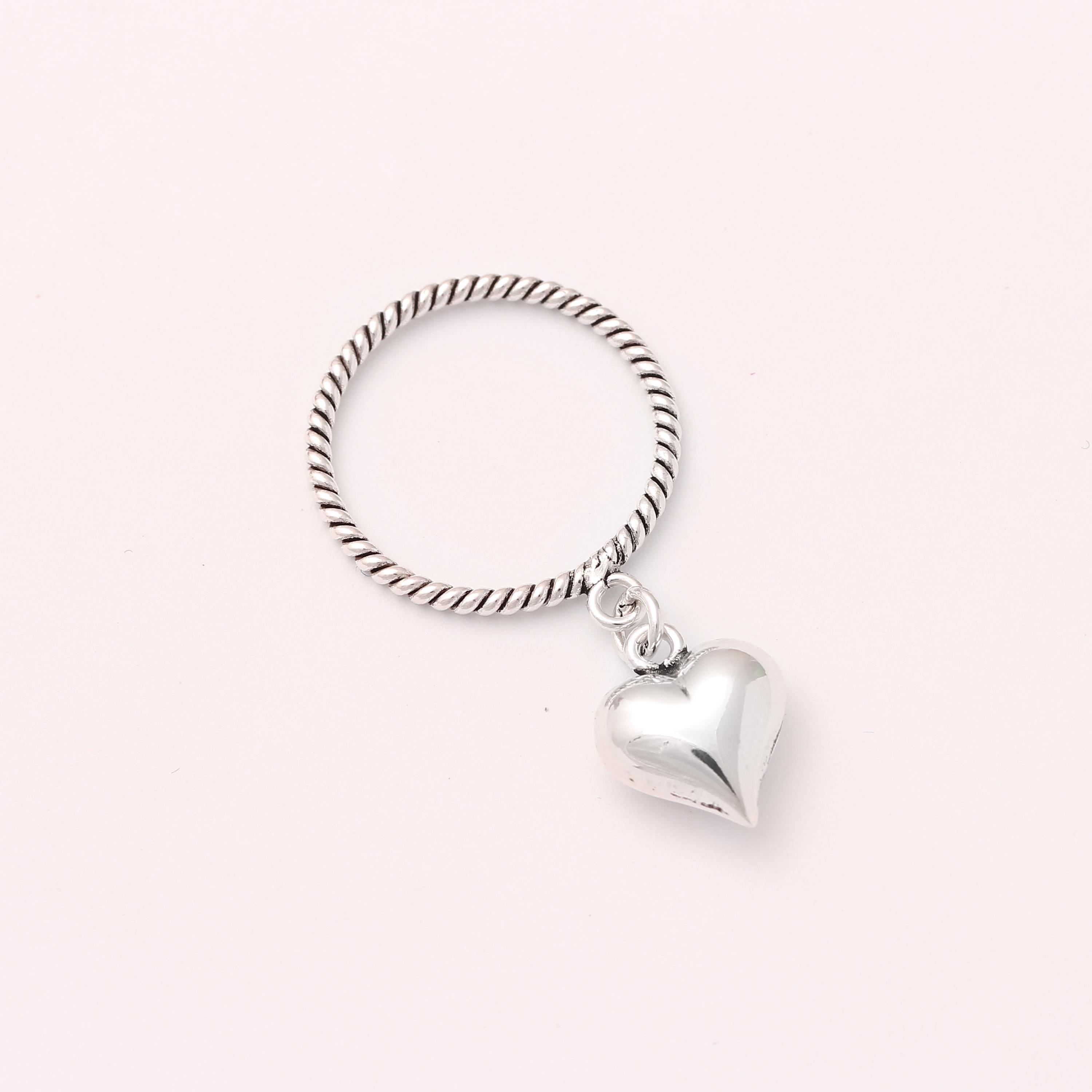 925 Sterling Silver Heart Ring, Dainty Dangling Heart Charm Ring ...