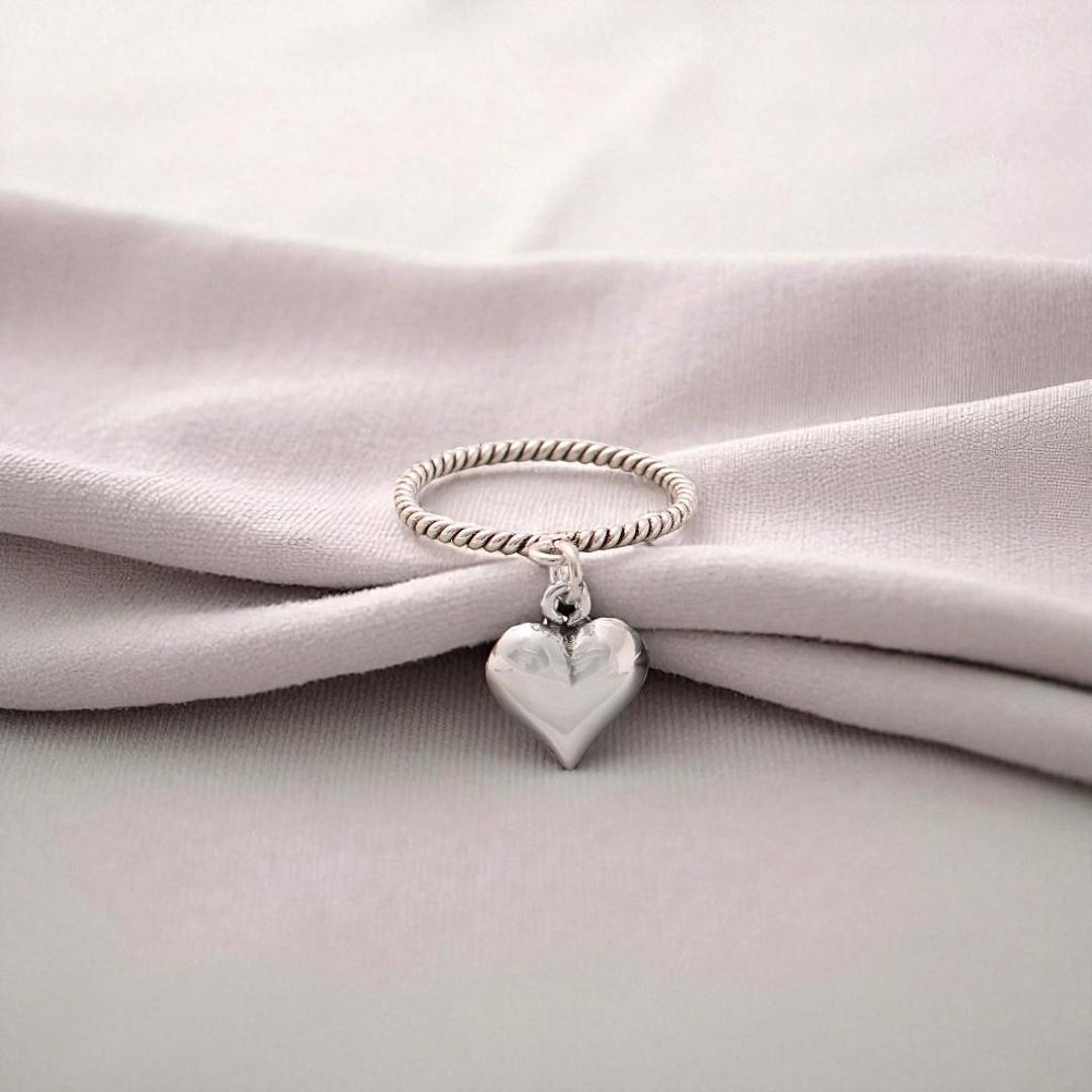925 Sterling Silver Heart Ring, Dainty Dangling Heart Charm Ring ...