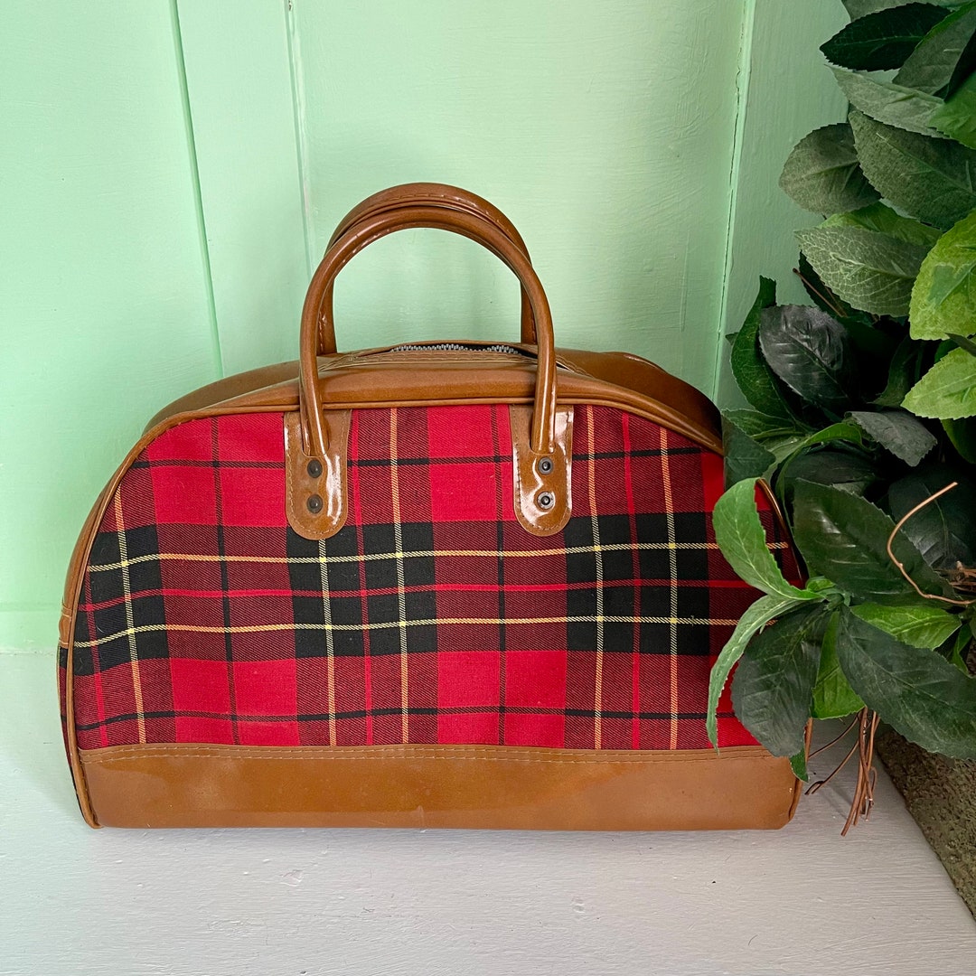 Vintage 60s Tote Bag. Tartan Plaid Bag. Mod 60s Carry On. Red Carry on ...