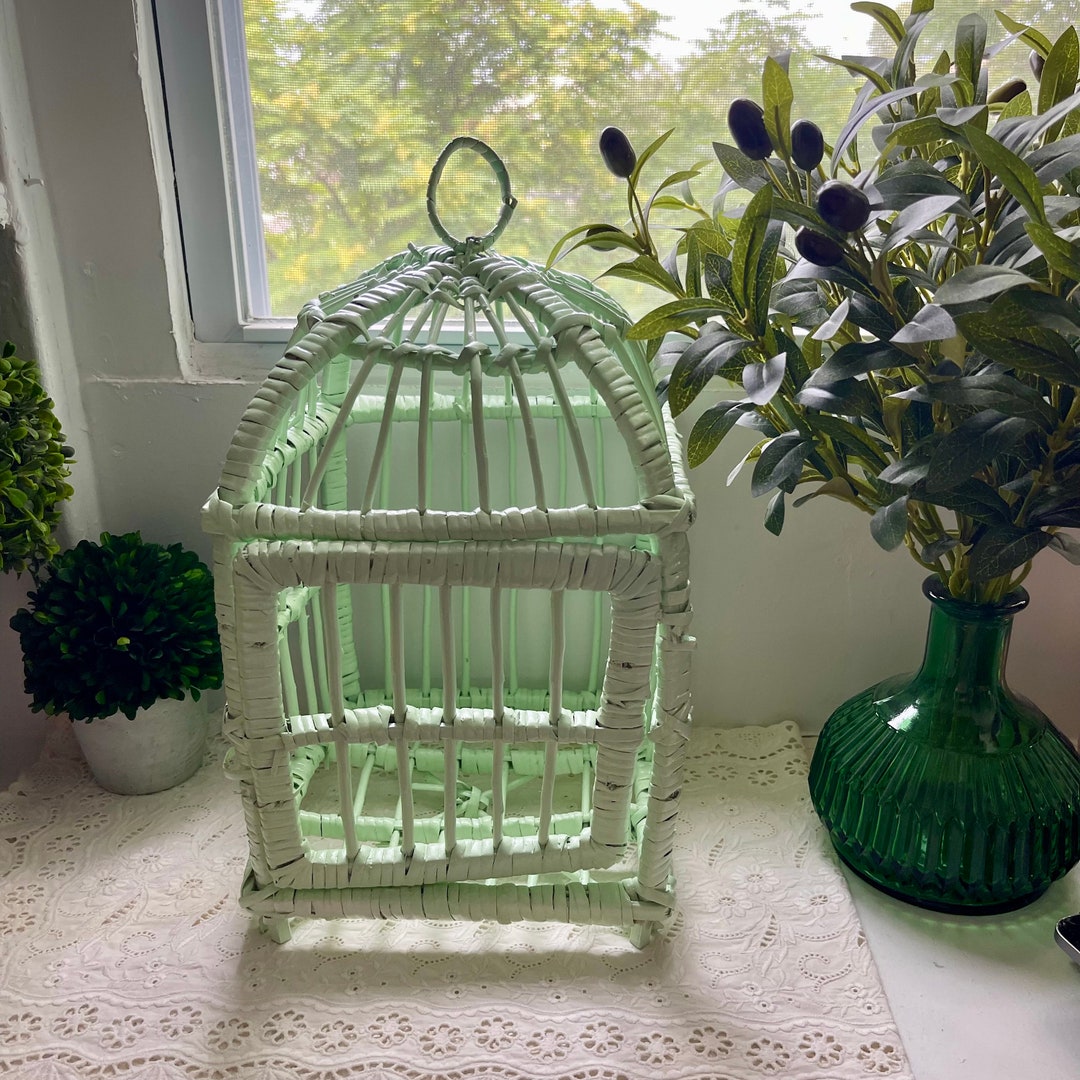 Vintage Rattan Bird Cage. Mint Green. Vintage Birdcage. Cottage Green ...