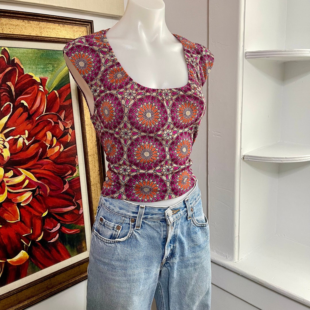 Vintage. Y2K Mesh Top. 90s Print Mesh Top. Pink. Purple. Capped Sleeves ...