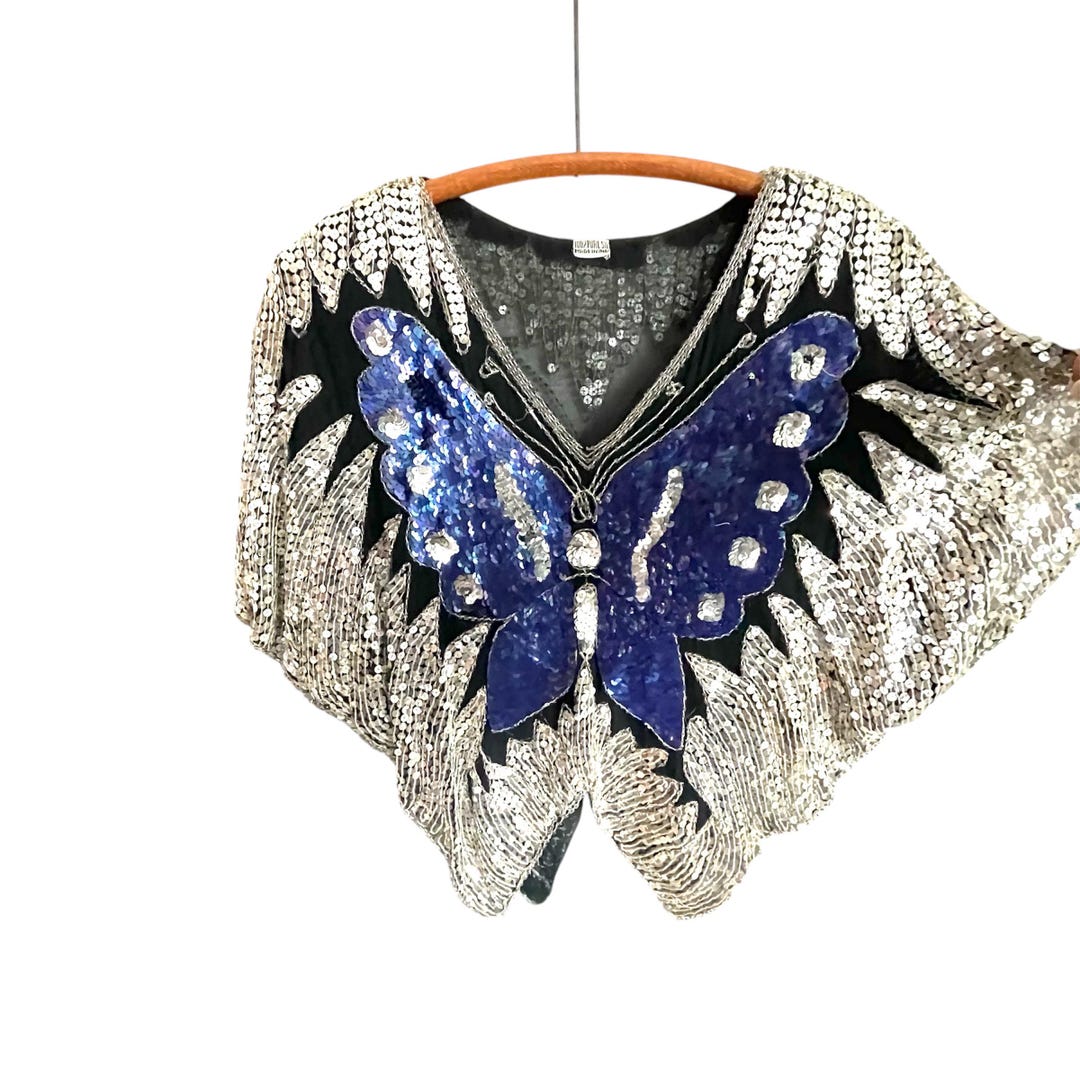 Deco Silk Butterfly Top. Vintage 70s Disco Top. Sequin Butterfly Silk ...
