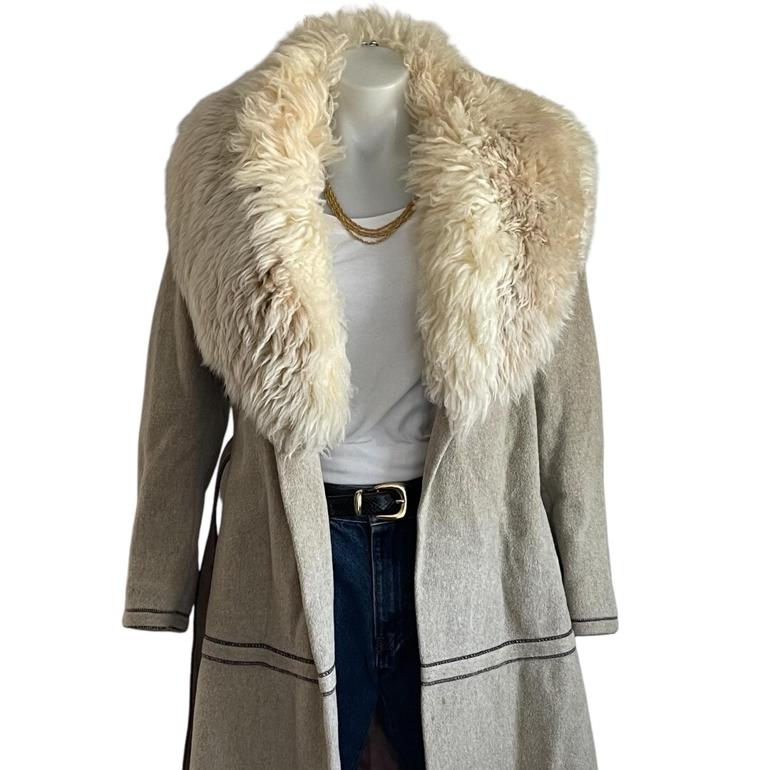 Vintage Penny Lane Belted Trench Coat. Ultra Plush Faux Fur Collar Trench Coat. Greige Wool ...
