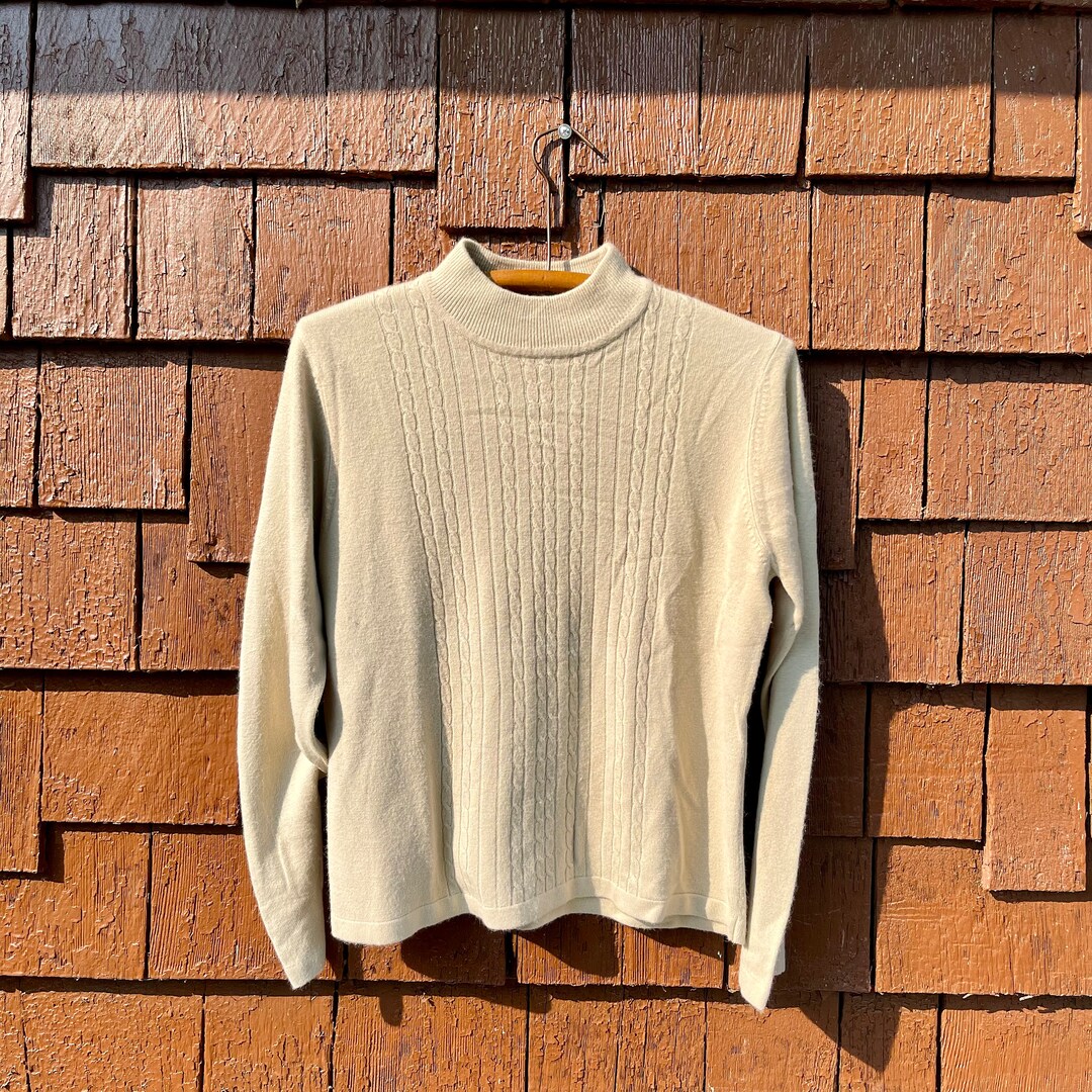 Vintage Laura Scott Cream White Cable Knit Pullover Sweater. Mock Neck ...