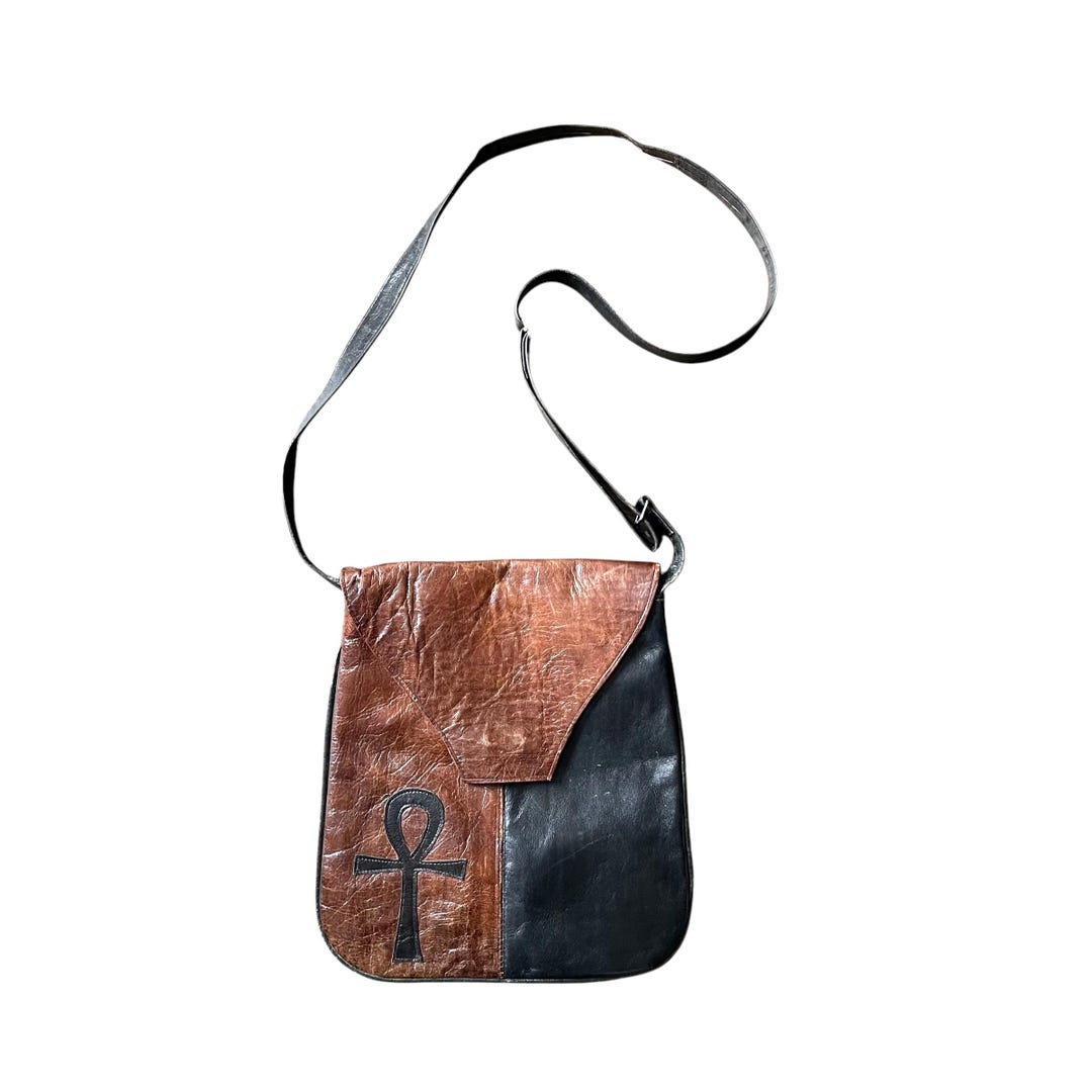 Vintage Brown Black African Leather Crossbody Bag. 2-tone Leather Ankh ...