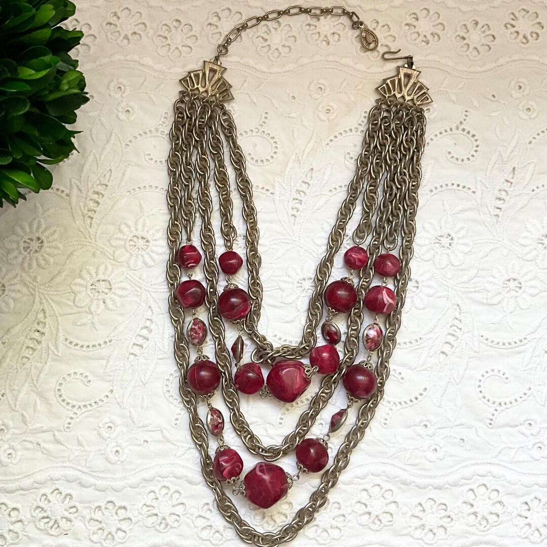 Vintage 60s Ruby Beaded Gold Metal Necklace. Beaded Necklace. Multi ...
