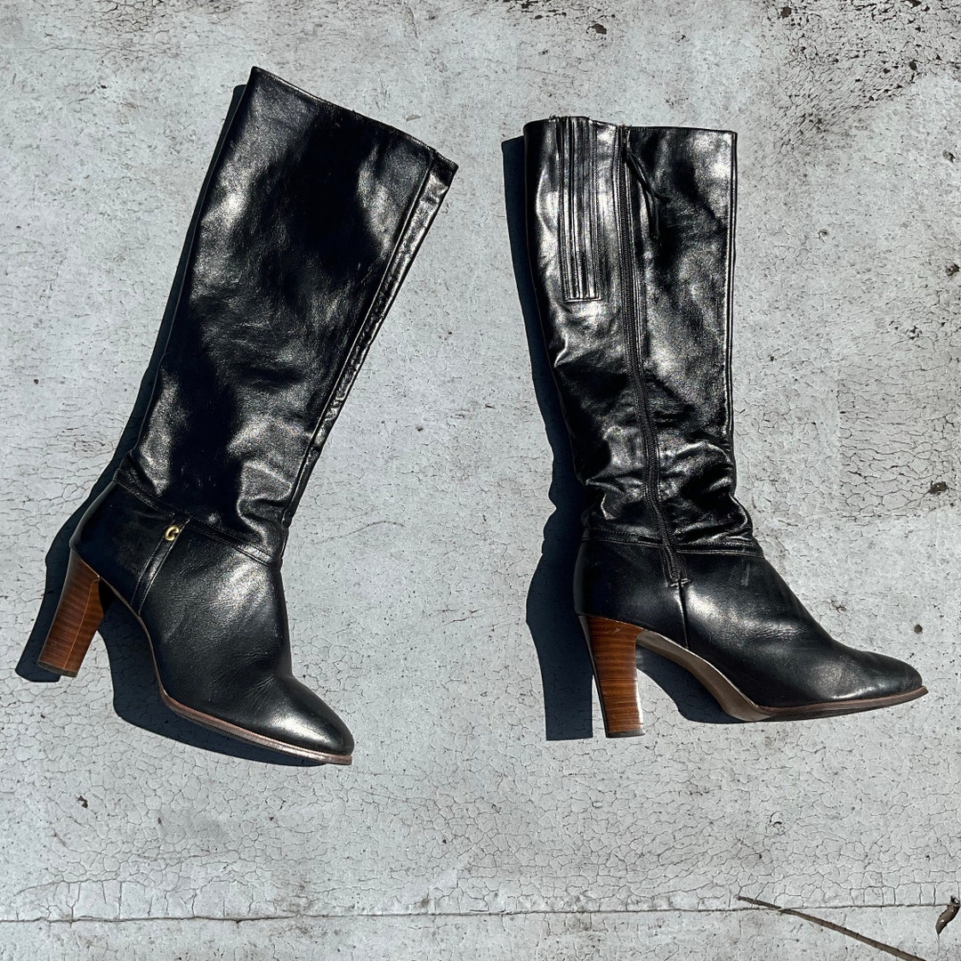 Vintage Cobbies Black Leather Knee High Boots. Size 9 1/2M. Shiny ...