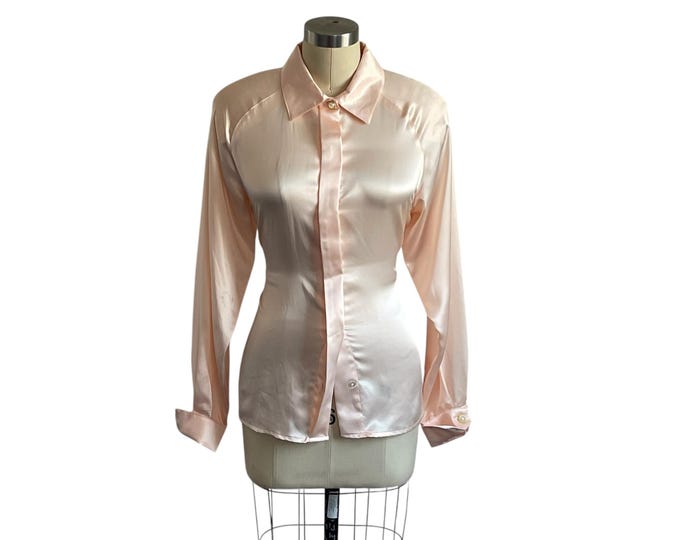Vintage Peach Satin Button-up Blouse. Apricot Silky Satin Long-sleeve ...