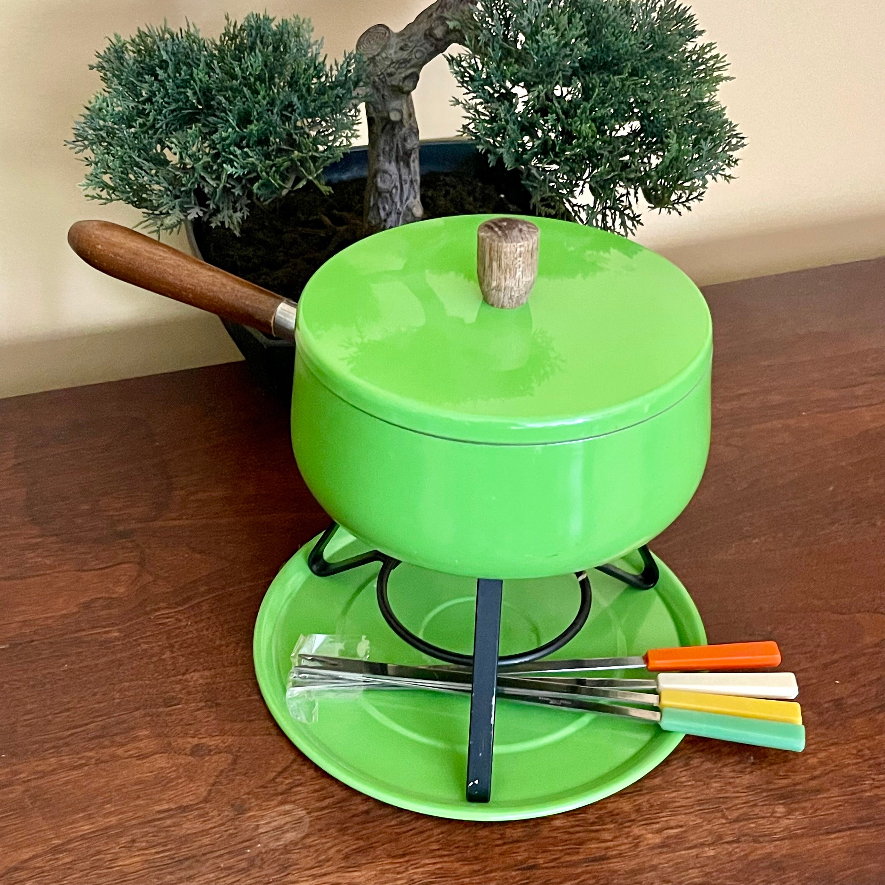 Vintage Mid Century Fondue Set. Lime Geen Green Pot. Stand. Cooking ...