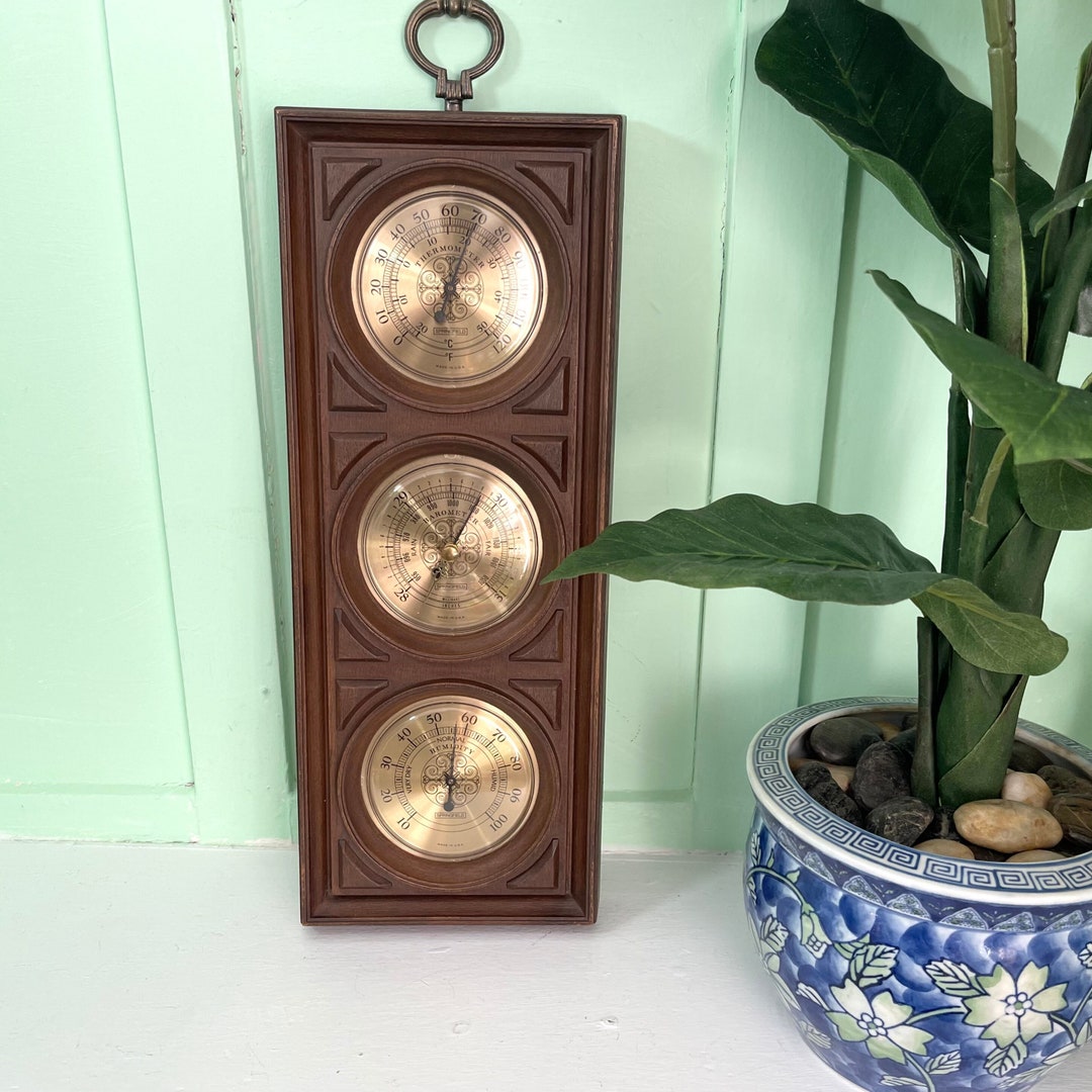 Vintage Springfield Weather Station. 70s Faux Wood Thermometer ...