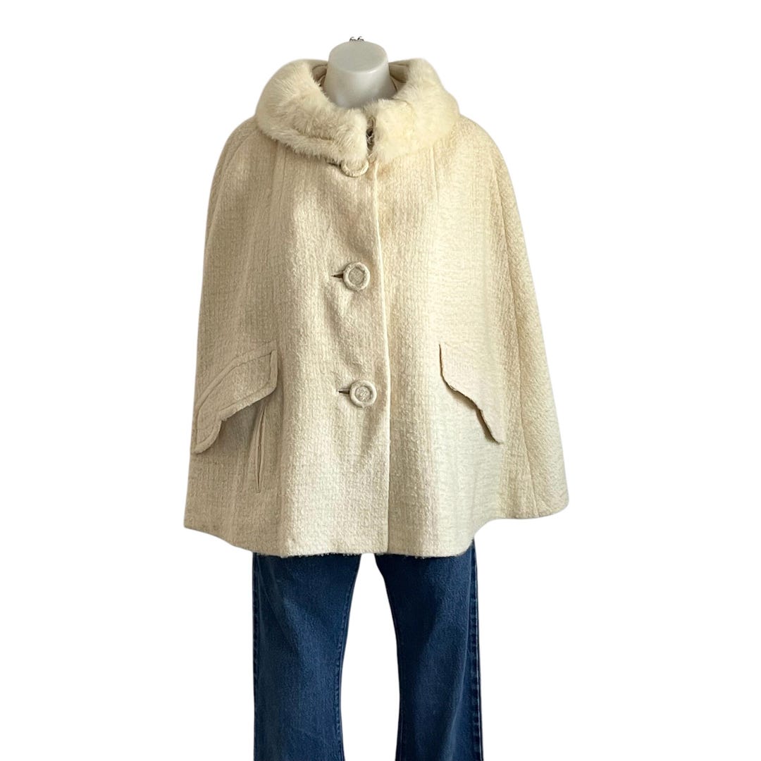 Vintage Alper Cream White Button-up Cape Coat. Woven Wool Hemp Cape ...