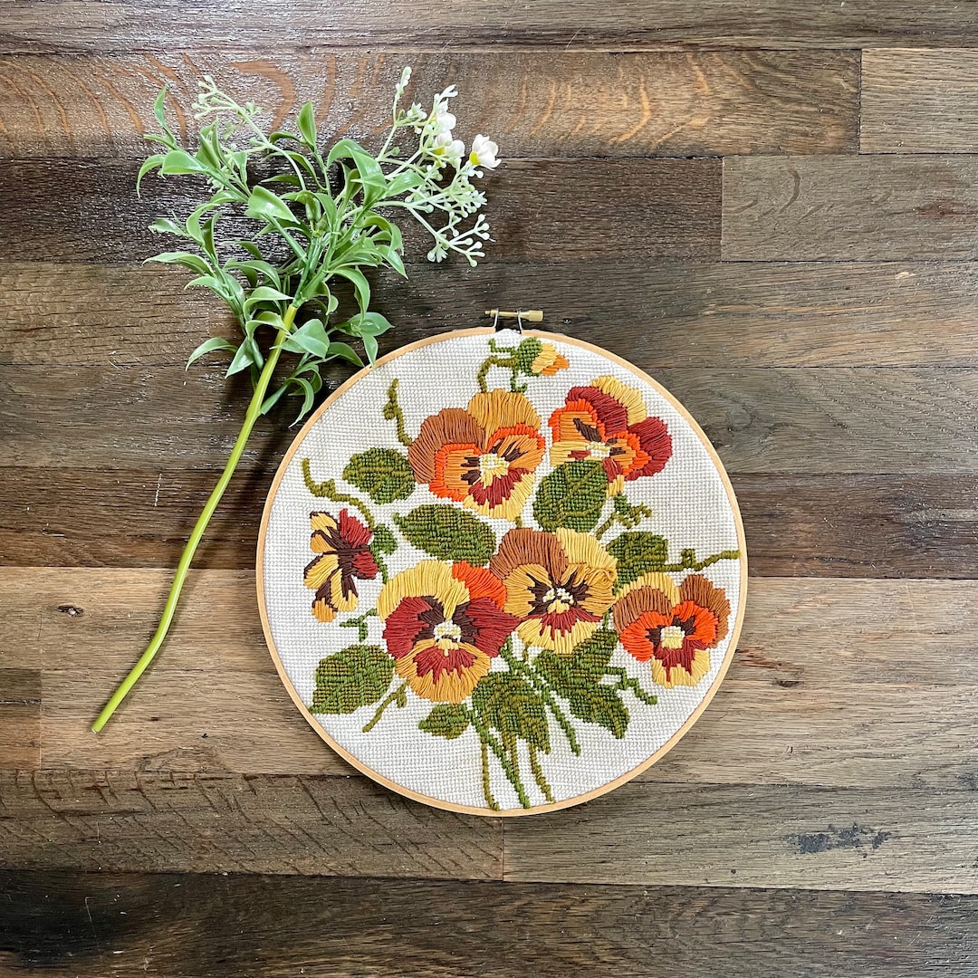 Vintage Crewel. Floral Embroidered Art. Boho Floral Crewel. Crewel Wall ...