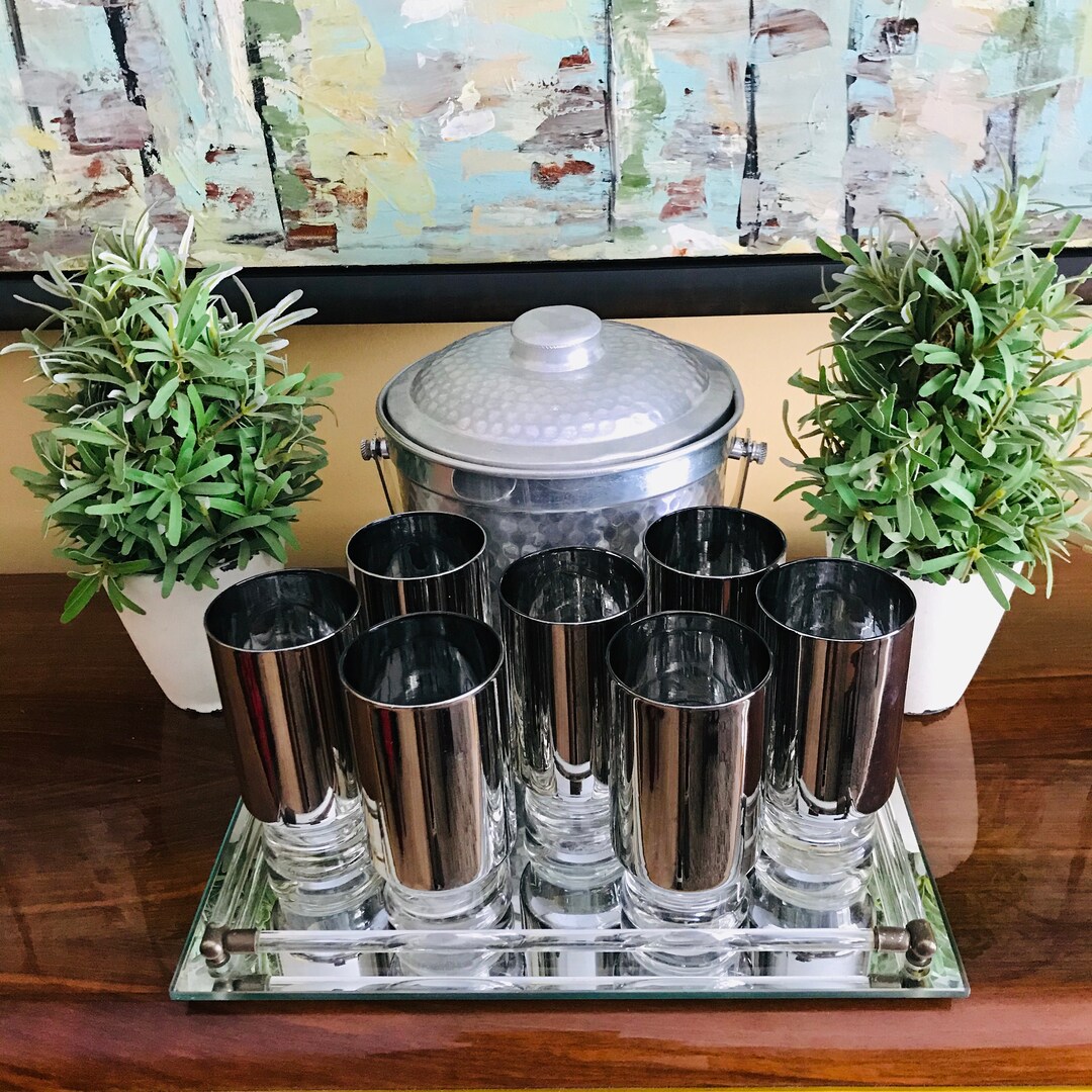 Vintage Silver Thorpe Style Highball Tumbler Glass Cups. Set of 7 ...