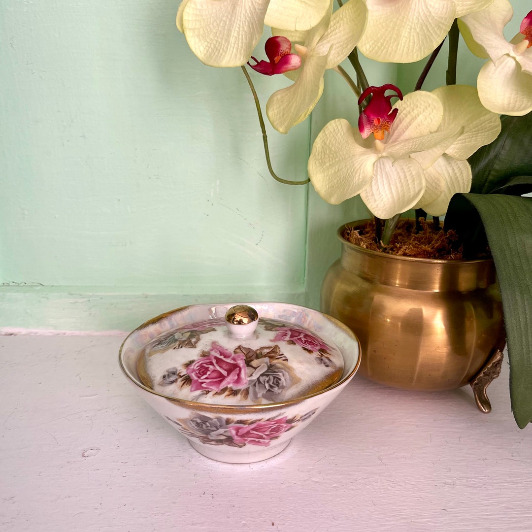 Vintage Rose Garden China Dish. Hand Painted Trinket Dish W/lid ...