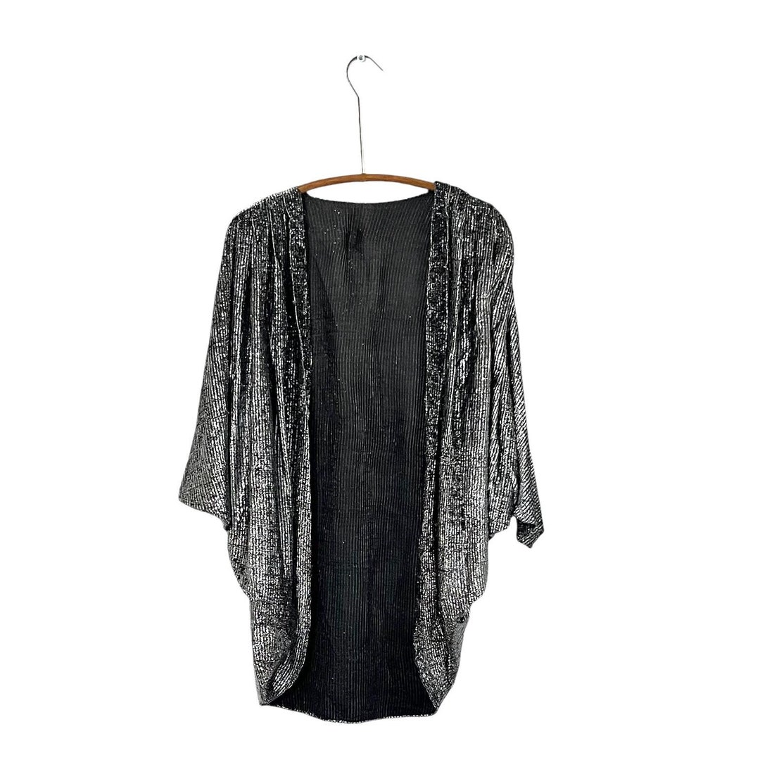 Vintage Silver Metallic Shimmer Drape Coat. Shiny Silver Cocoon Open ...