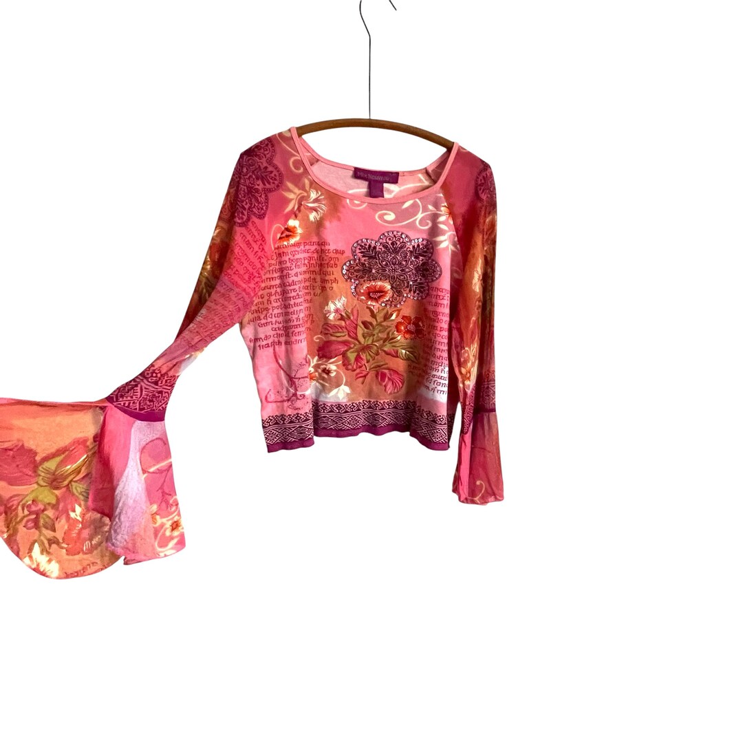 Vintage Y2K Mix Nouveau Red Pink Collage Print Blouse. Warm-colored ...