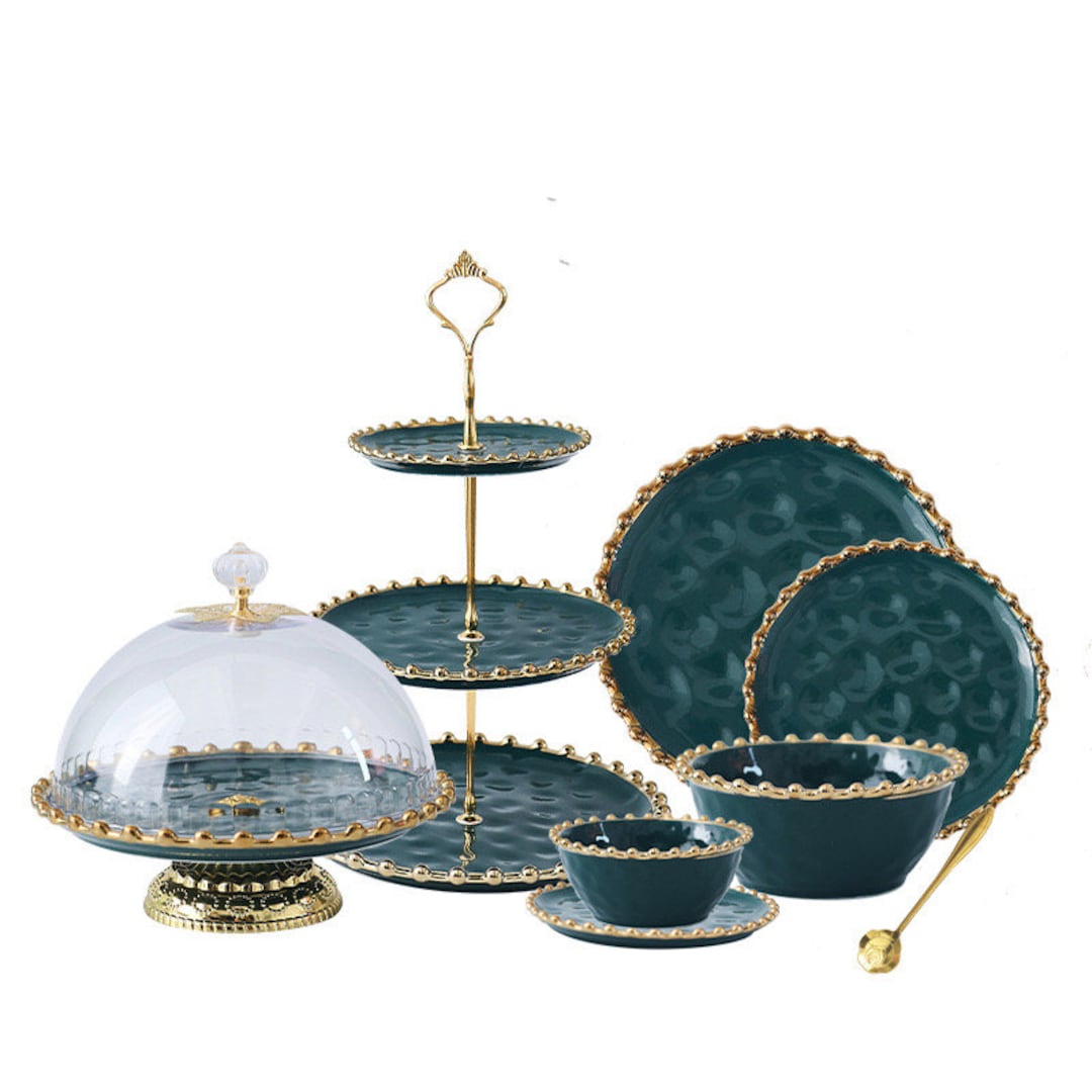 Luxury Green Ceramic Dinnerware Set With Gold Trim - Elegant Tableware ...