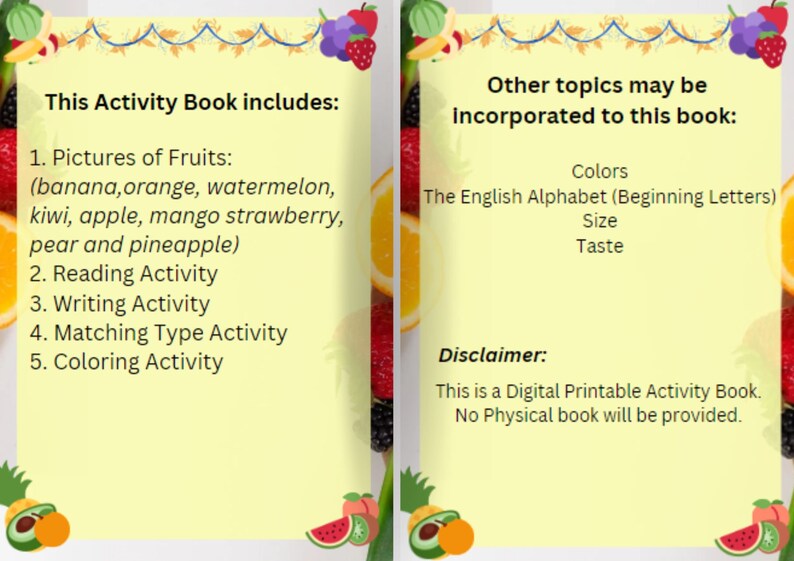 Fruits Activity Book Printables Reading Practice Writing Practice ...