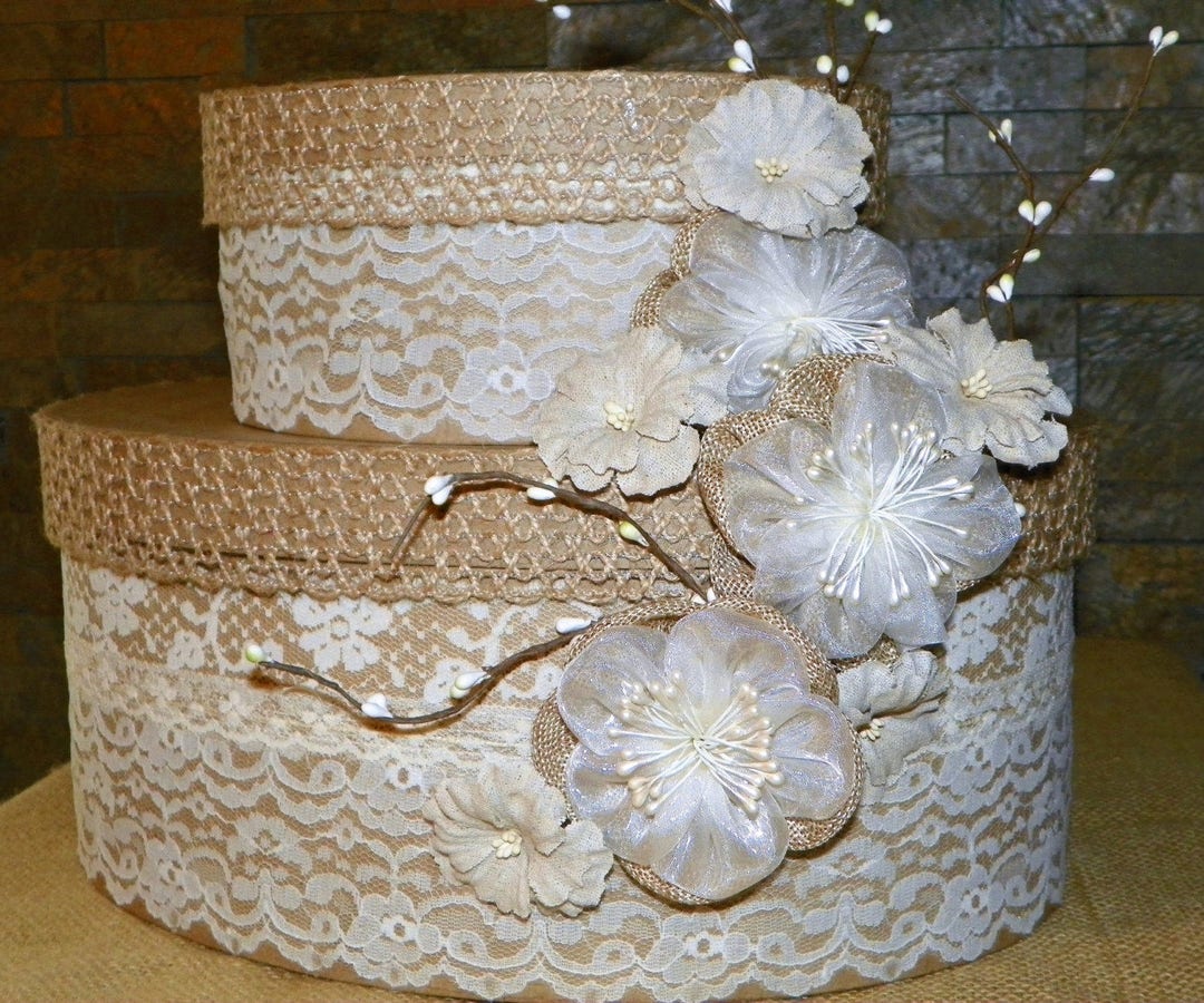 Wedding Card Box, Burlap Flowers, Lace and Ribbons Cover This Tierd ...
