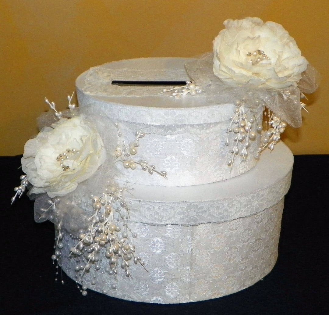 Wedding Card Box, White Box With Lace, Flowers, Ribbons Cover This ...