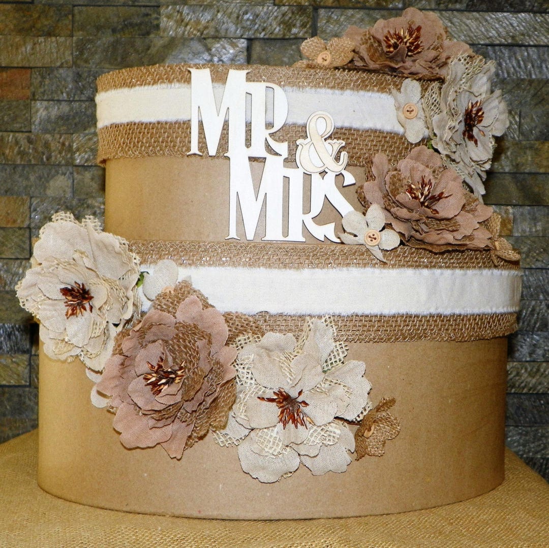 Wedding Card Box, Burlap Flowers, Lace and Ribbons Cover This Tierd ...