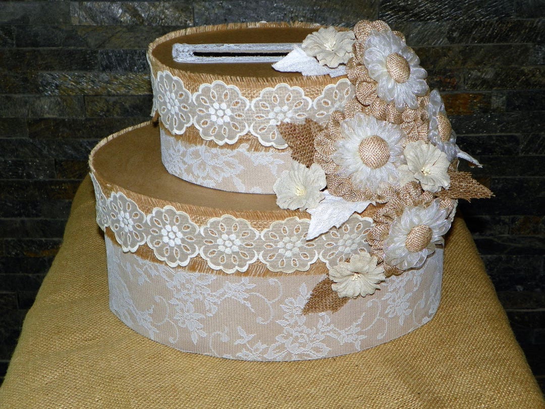 Wedding Card Box, Burlap Flowers, Lace and Ribbons Cover This Tierd ...