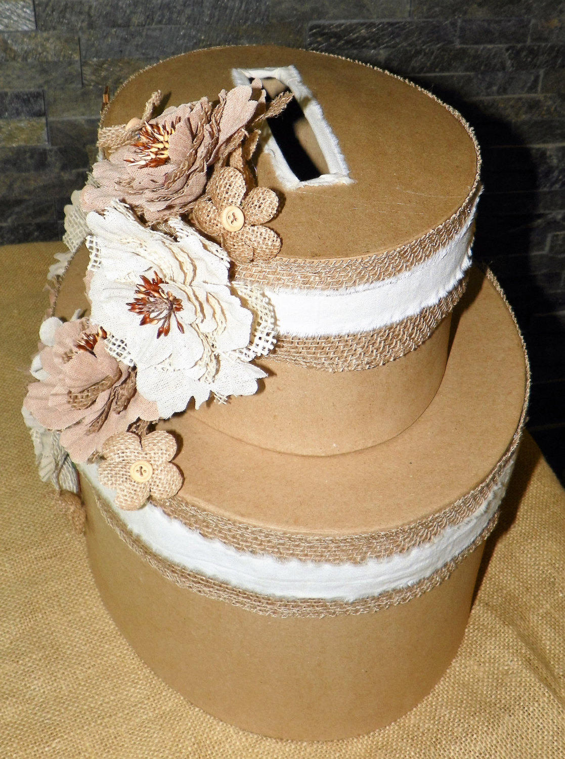 Wedding Card Box, Burlap Flowers, Lace and Ribbons Cover This Tierd ...