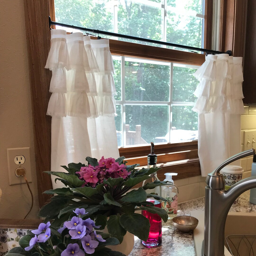 Linen Curtains With Top Ruffles - Pair Multi Ruffled Curtains - Cottage ...