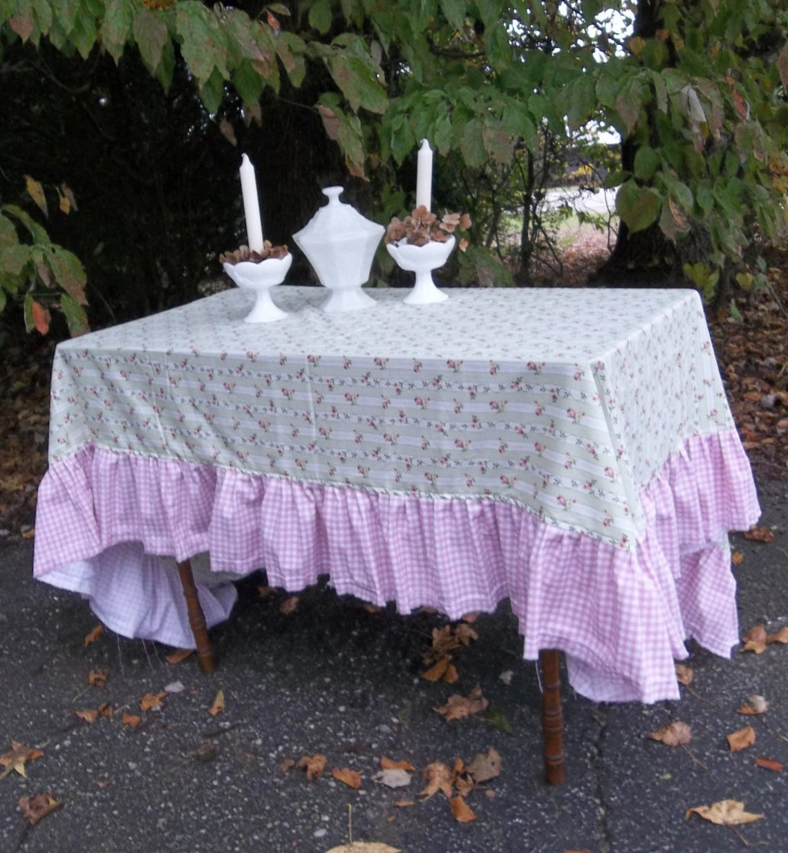 Pink Ruffled Tablecloth Handmade Pink Roses Cottage Table - Etsy