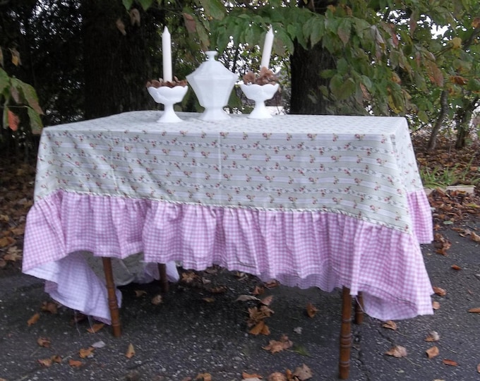 Pink Ruffled Tablecloth Handmade Pink Roses Cottage Table - Etsy