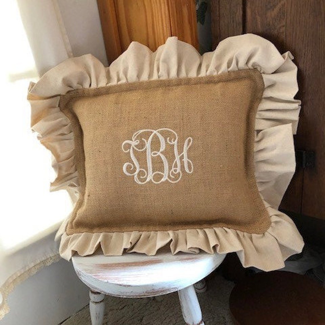 Monogrammed Burlap Pillow Ruffled or Tailored Preppy Burlap | Etsy
