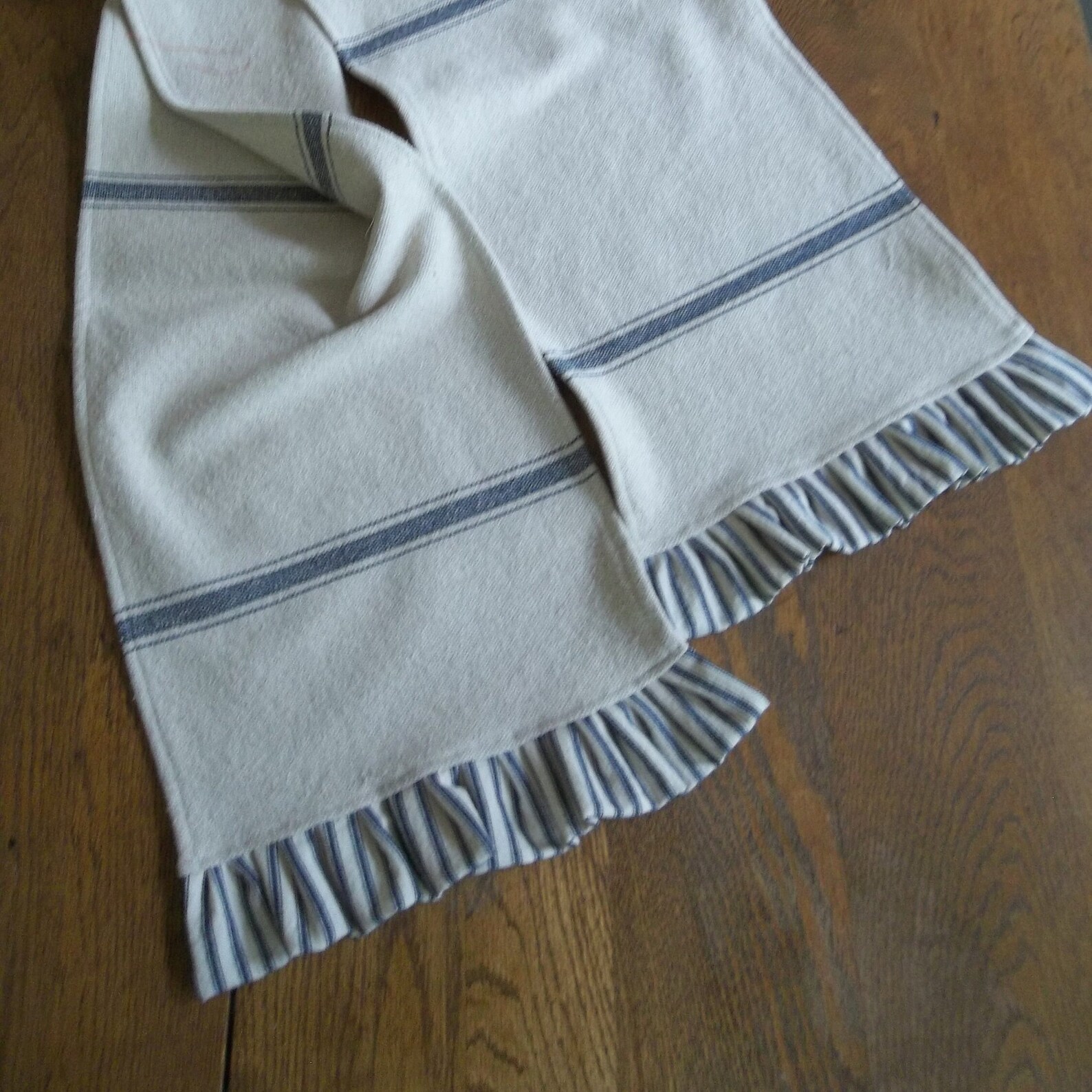 Grain Sack Table Runner With Ticking Stripe Ruffle - Farmhouse Table ...