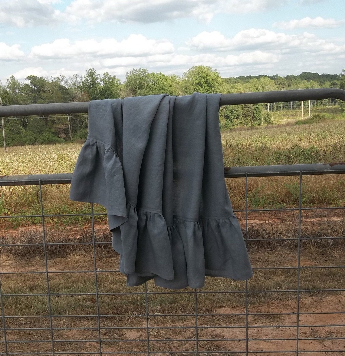 Ruffled Linen Bed Scarf Gray Linen Sofa Throw Linen - Etsy