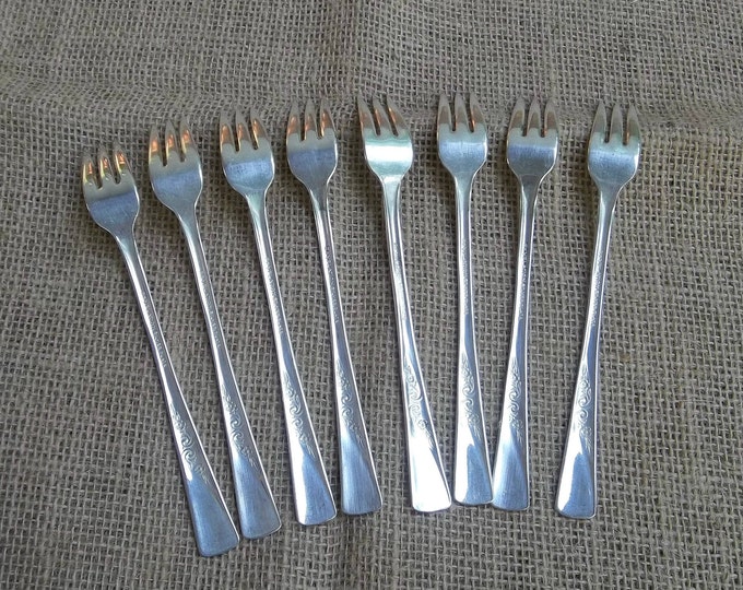8 REVELATION Silver Plate Cocktail Forks Seafood Forks Vintage Flatware ...