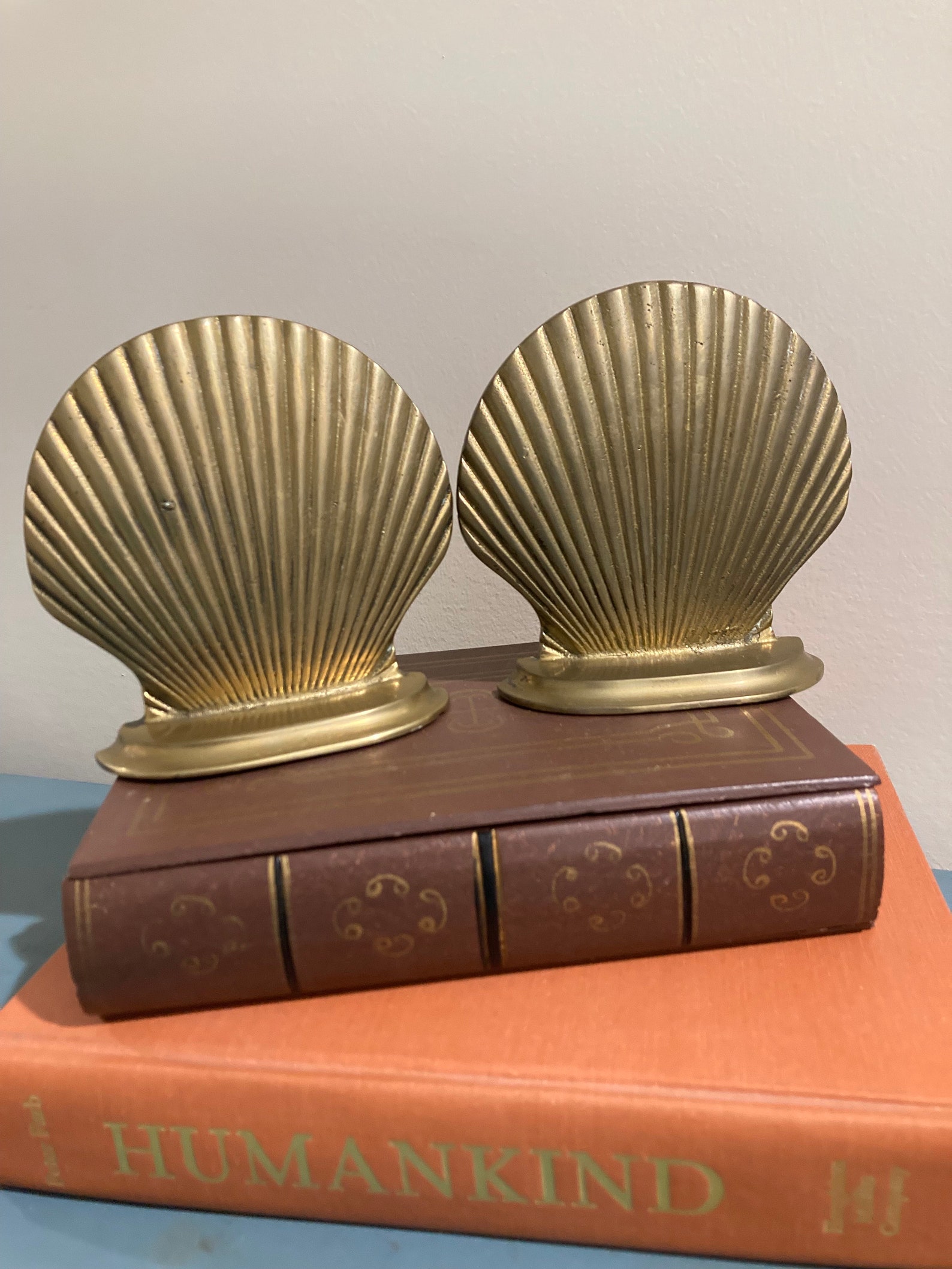 Vintage Brass Shell Bookends Door Stops Solid Brass Bookend Set Office ...