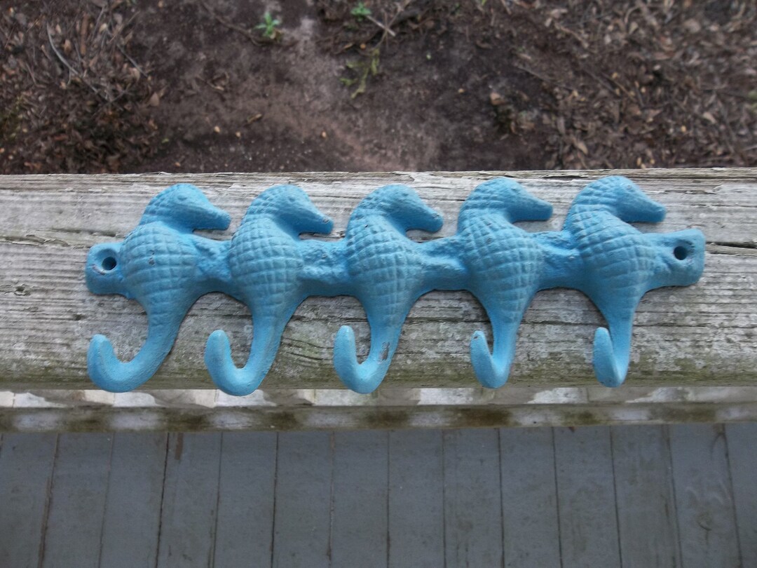 Beach House Key Keeper - Blue Seahorse Cast Metal Key Rack - Key Holder ...