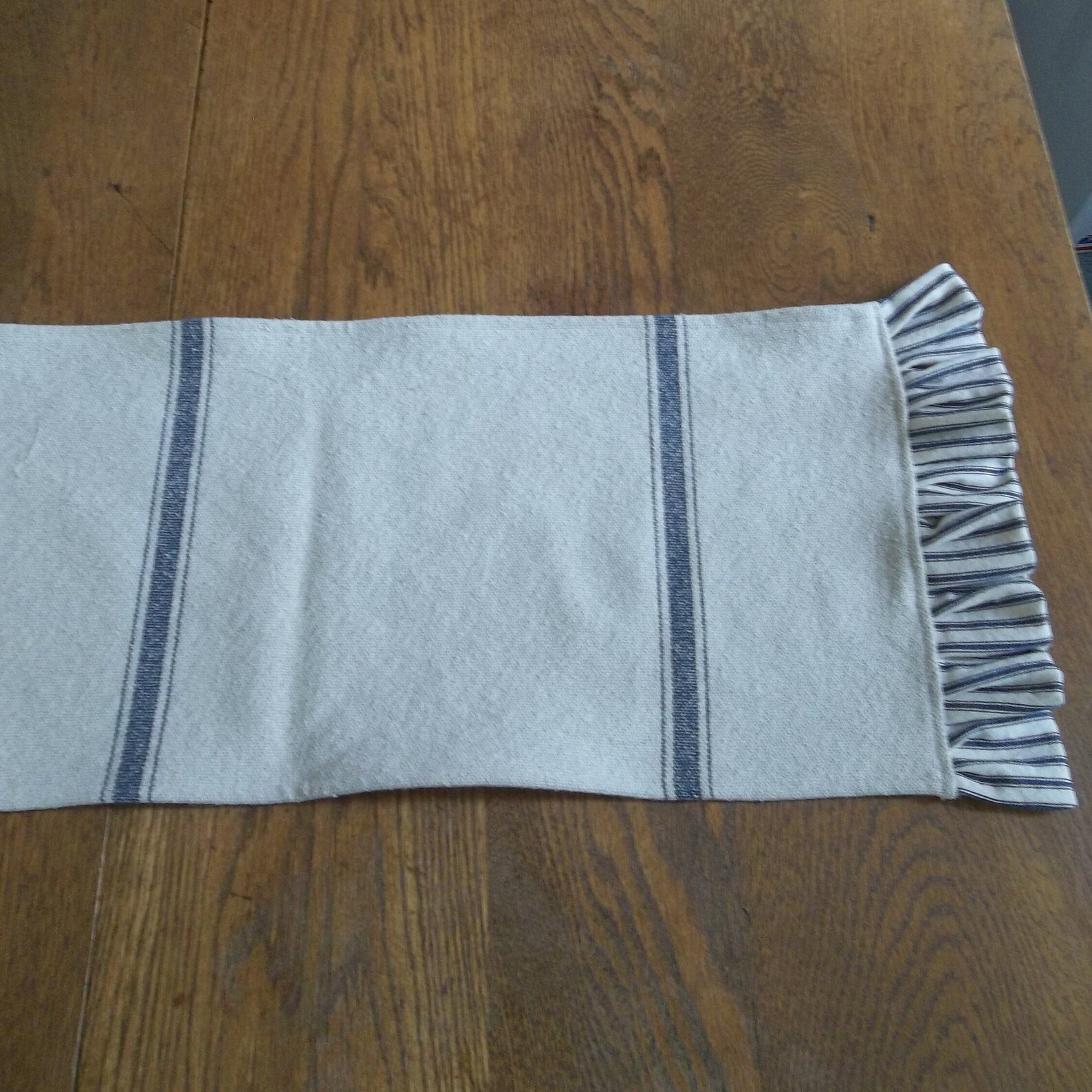 Grain Sack Table Runner With Ticking Stripe Ruffle - Farmhouse Table ...