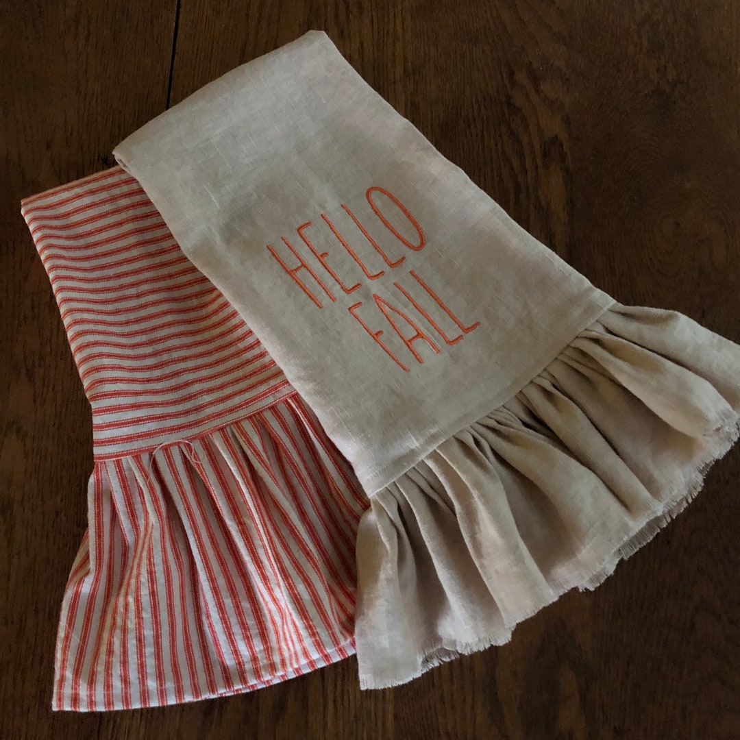 Orange Ticking Towels - Hello Fall Towel With Ruffles - Halloween Decor ...