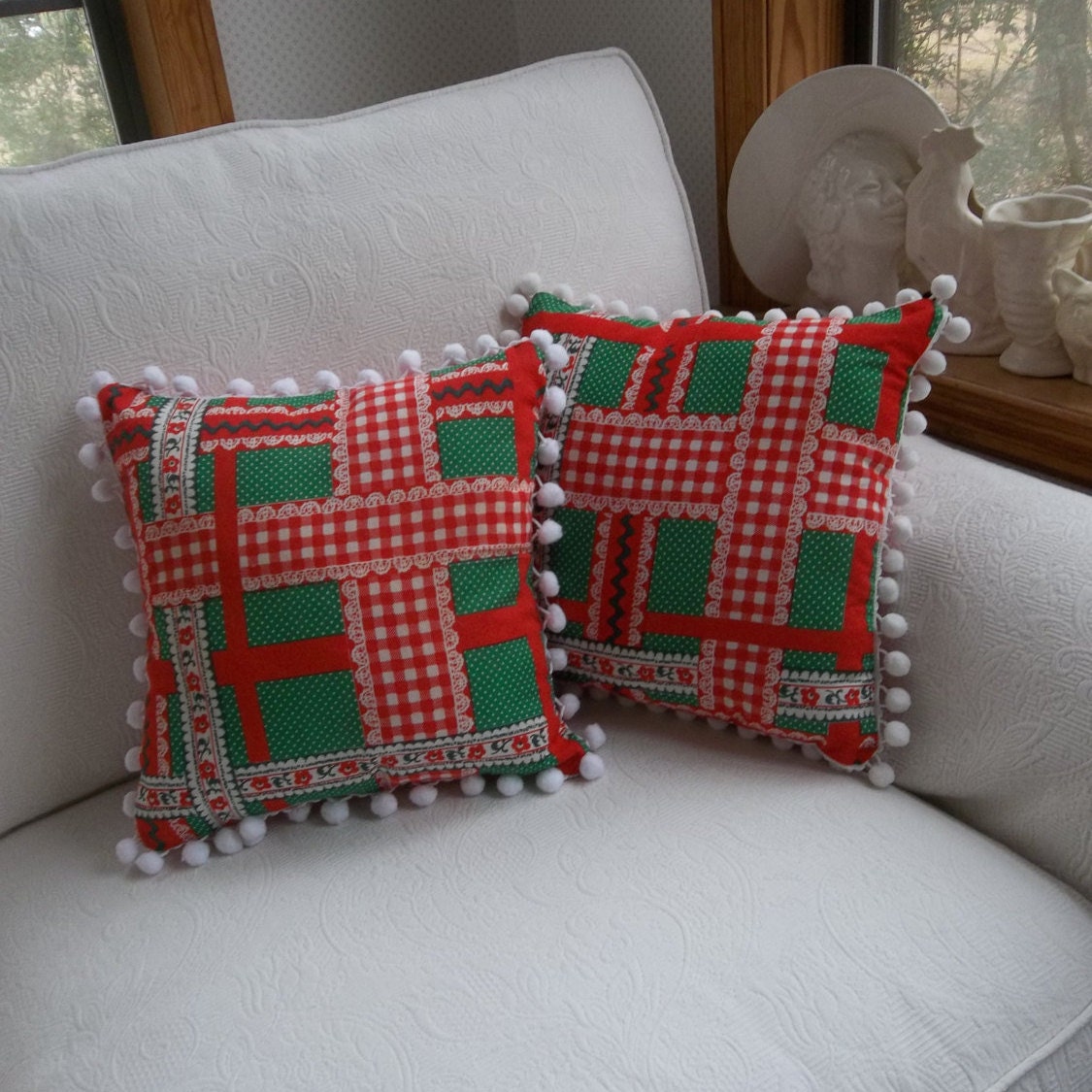 Red Plaid Christmas Pillows made from Vintage Tablecloth | Etsy
