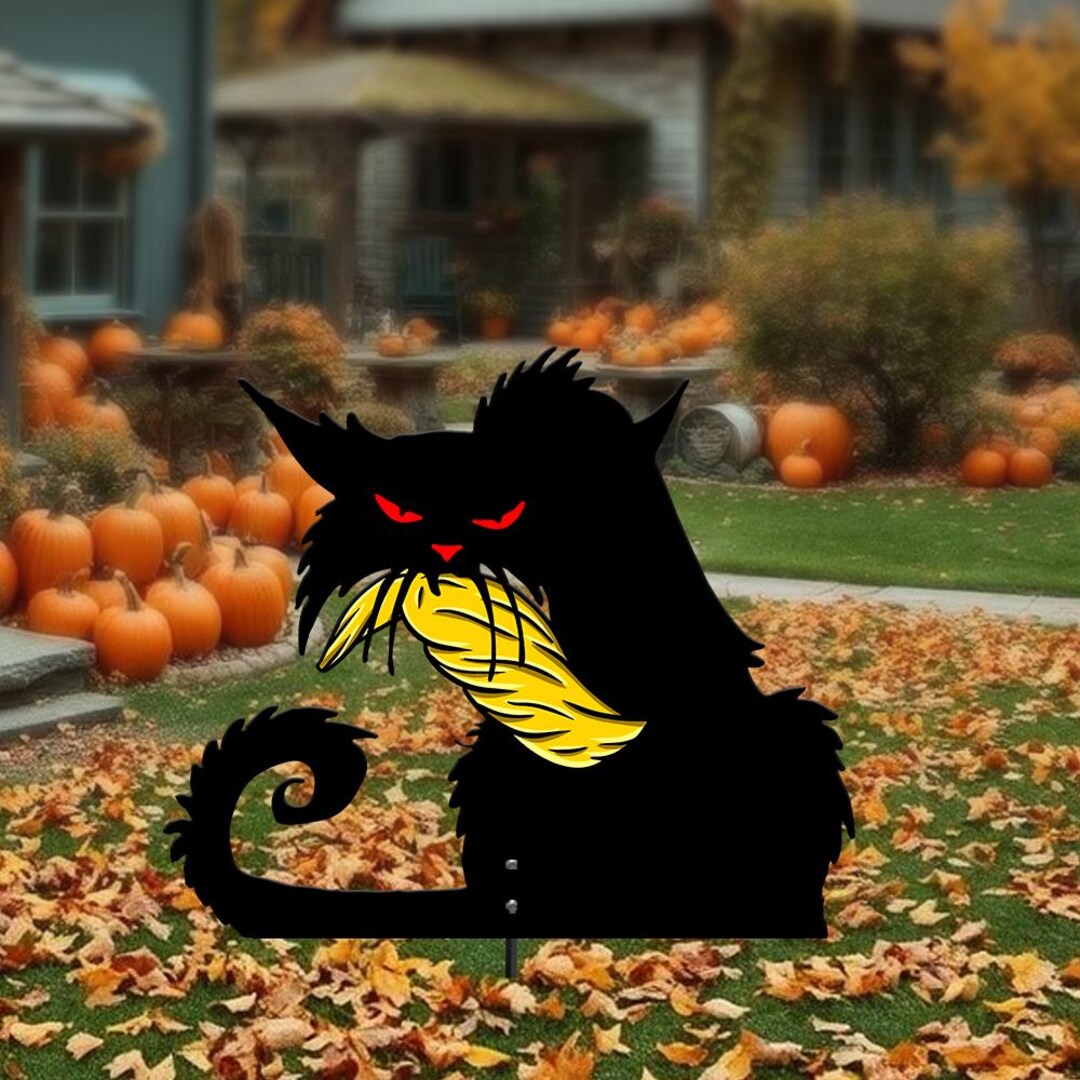 Funny Ugly Spooky Black Cat Carry Yellow Trump Hair Metal Garden Sign ...
