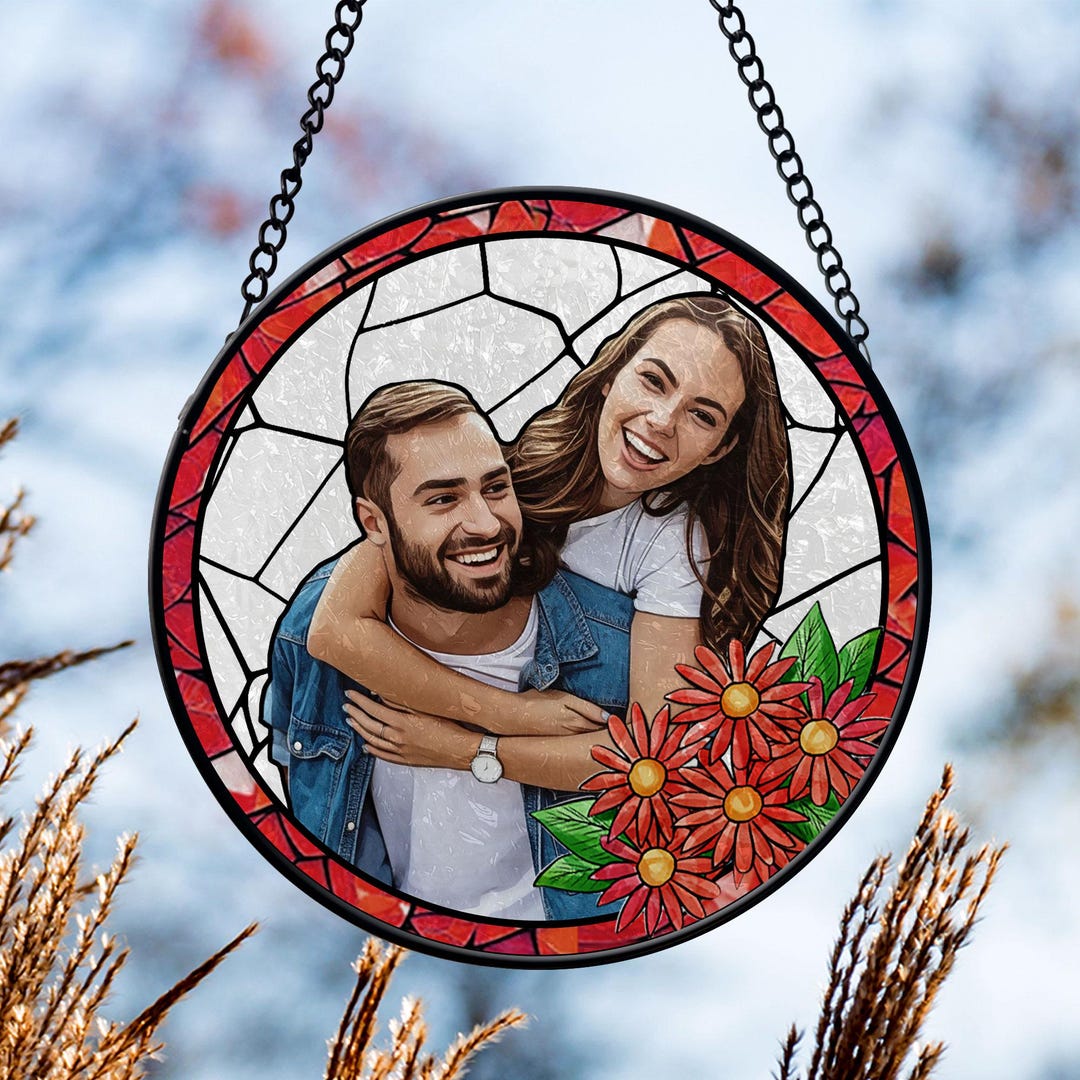 Custom Photo Couple Hug Valentine Stained Glass Suncatcher Window ...