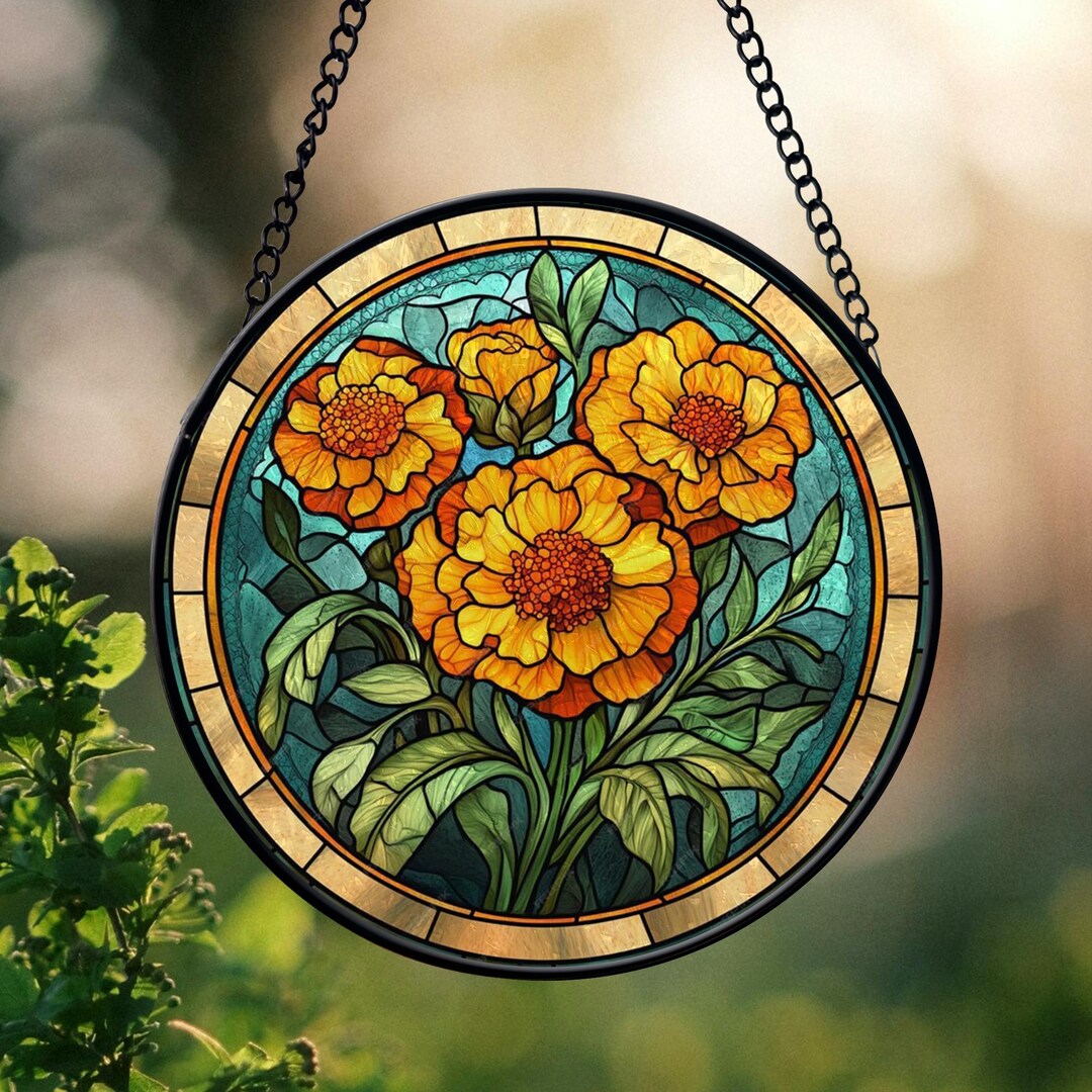 October Month Flower Marigolds Stained Glass Suncatcher Window Hangings ...