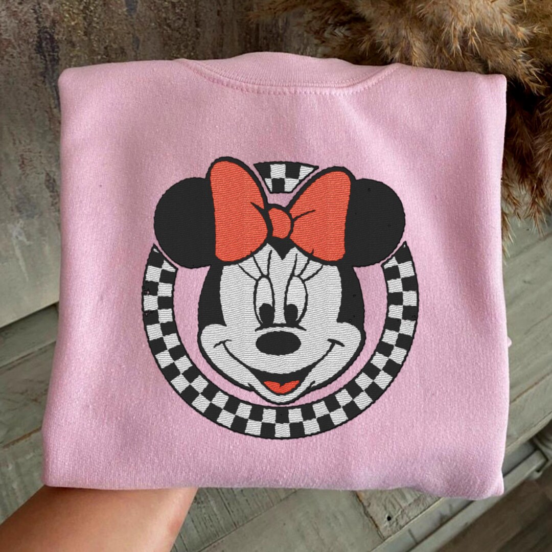 Minnie Checkered Board Embroidery Sweatshirt, Retro Trendy Sweater ...