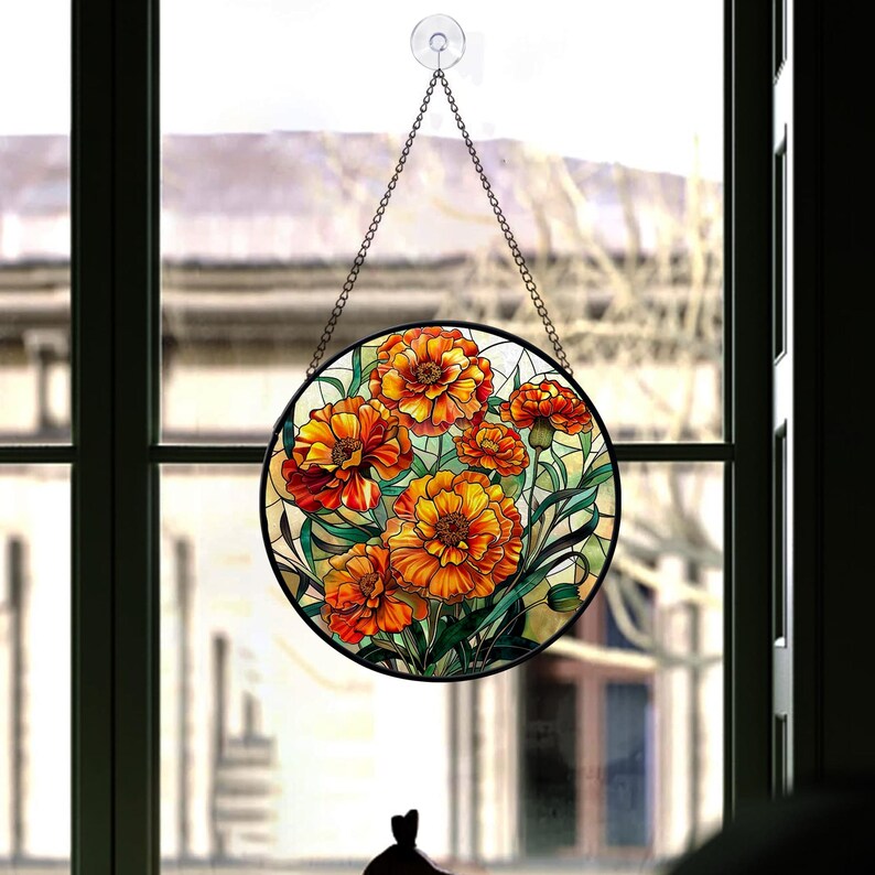 Marigold Stained Glass Suncatcher, October Birth Flower, Floral Window ...