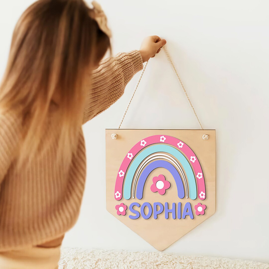 Customize Name Rainbow Daisy Flower Hanging Board Name Sign Wall Decor ...